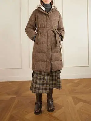 Brunello Cucinelli Hooded Belted Padded Quilted Shearling-trimmed Wool-blend Down Jacket