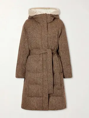 Brunello Cucinelli Hooded Belted Padded Quilted Shearling-trimmed Wool-blend Down Jacket - Brown