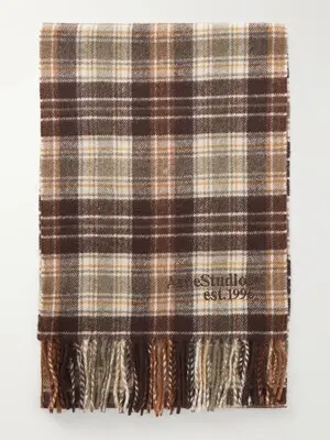 Acne Studios Logo-embroidered Fringed Checked Cashmere And Wool-blend Scarf Green