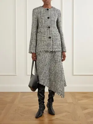 Proenza Schouler White Label Aurelia Fringed Checked Tweed Jacket - Gray