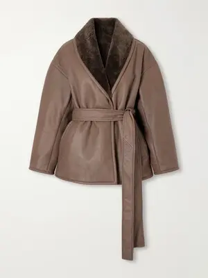 JOSEPH Manu Belted Shearling-trimmed Leather Jacket Brown
