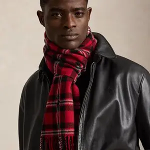 Ralph Lauren Plaid Fringe Wool Scarf - Red/black