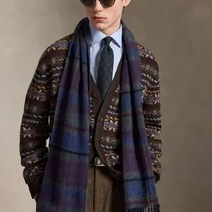 Ralph Lauren Plaid Wool-cashmere Scarf - Navy Multi