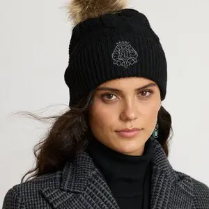 Ralph Lauren Embroidered-crest Pom-pom Cable Beanie - Black