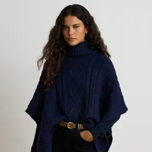 Ralph Lauren Button-trim Cable-knit Mockneck Poncho Navy