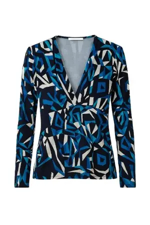 CONQUISTA Geometric Print V-neck Long-sleeve Top - Blue
