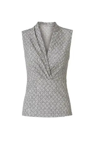 CONQUISTA Geometric Print Drape Neck Top – Sophisticated Modern Style