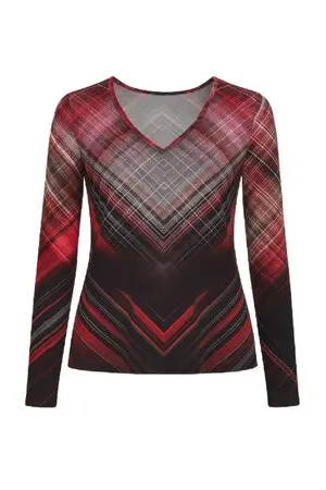 CONQUISTA Geometric Print Long-sleeve Top With V-neckline - Black/red
