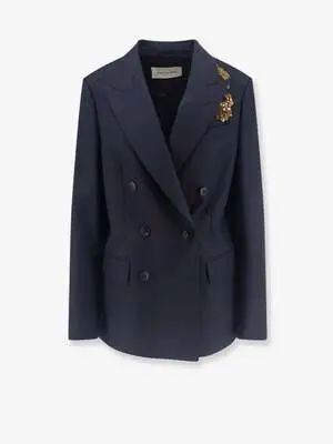 Dries Van Noten Barrysta Wool Blazer With Gold Embroidery - Blue