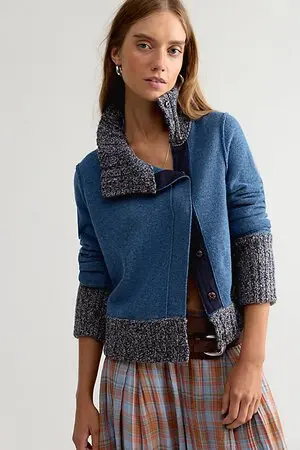 Free People We The Free Off Kilt Funnel-neck Wool Cardigen - Blue Flight Combo