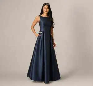 Adrianna Papell Pearly Beaded Pocket Mikado Ballgown - Midnight