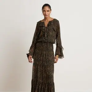 Ralph Lauren Paisley Ruffle-trim Georgette Maxidress - Green Multi