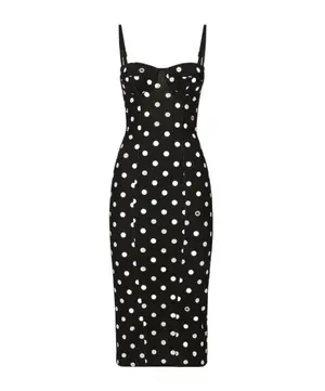 Dolce & Gabbana Dolce Gabbana Polka Dot Printed Sweetheart Neck Midi Dress - Black