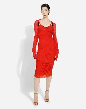 Dolce & Gabbana Dolce Gabbana Tulle Draped Long-sleeved Midi Dress