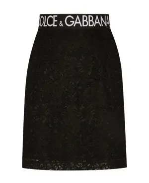 Dolce & Gabbana Dolce Gabbana Branded Waistband Mini Lace Skirt - Black