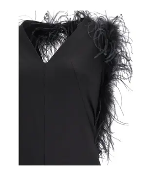 Blumarine Long Jersey Dress With Deep Neckline And Marabou Details