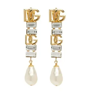 Dolce & Gabbana Dg Logo Crystal And Faux Pearl-detail Drop Earrings - Yellow