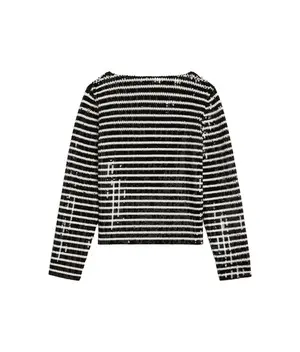 Celine Embroidered Boat Neck Marinière Sweater In Wool - Black