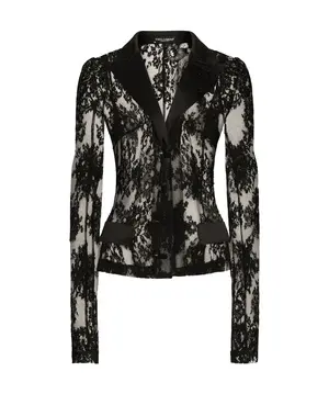 Dolce & Gabbana Dolce Gabbana Satin Detailed Floral Lace Jacket - Black