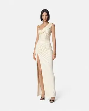 Versace Medusa Head Logo Plaque Side-slit Maxi Dress