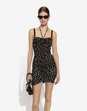 Dolce & Gabbana Dolce Gabbana Polka-dot Printed Draped Mini Tulle Dress