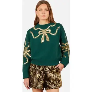 YUMI Sequin Bow Knitted Jumper - Green