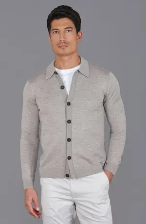 PAUL JAMES Extra Fine Merino Wool Polo Cardigan - Barley