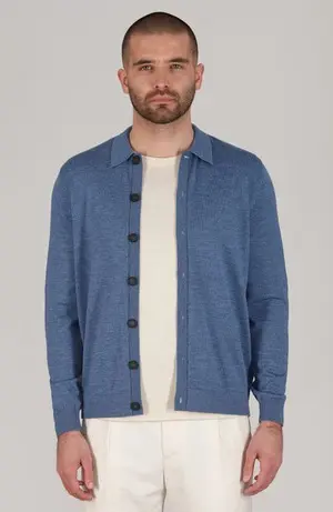 PAUL JAMES Extra Fine Merino Wool Polo Cardigan - Denimblue