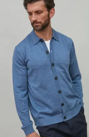 PAUL JAMES Extra Fine Merino Wool Polo Cardigan - Denimblue