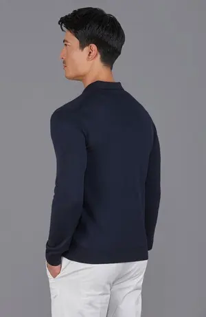 PAUL JAMES Extra Fine Merino Wool Polo Cardigan - Navy
