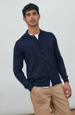 PAUL JAMES Extra Fine Merino Wool Polo Cardigan - Navy