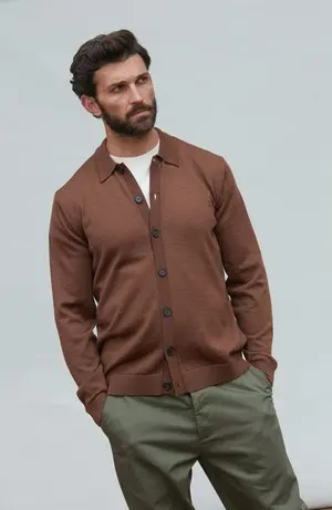 PAUL JAMES Extra Fine Merino Wool Polo Cardigan - Oakbrown