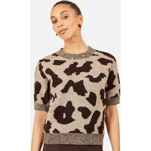 YUMI Leopard Intarsia Short Sleeve Jumper - Brown