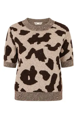 YUMI Leopard Intarsia Short Sleeve Sweater