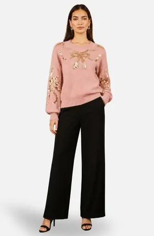 YUMI Sequinned Bow Neckline Jumper - Blush