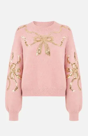 YUMI Sequinned Bow Neckline Jumper