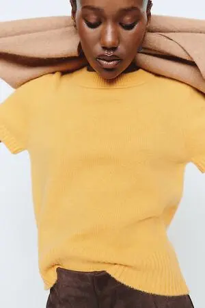 Maeve Mercer Cashmere Stretch Short Sleeve Sweater - Bright Orange