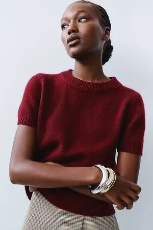Maeve Mercer Cashmere Stretch Short Sleeve Sweater - Dark Wine