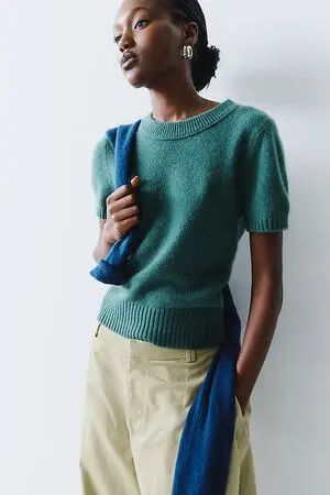 Maeve Mercer Cashmere Stretch Short Sleeve Sweater - Forest Green