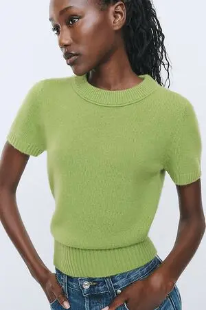 Maeve Mercer Cashmere Stretch Short Sleeve Sweater - Green