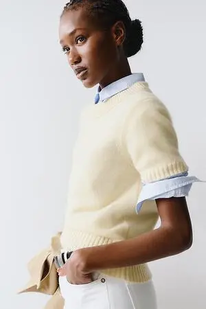 Maeve Mercer Cashmere Stretch Short Sleeve Sweater - Light Yellow
