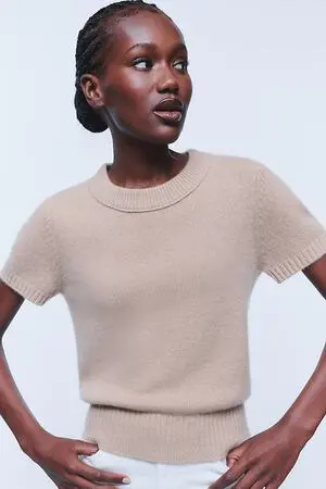 Maeve Mercer Cashmere Stretch Short Sleeve Sweater - Sand Dollar