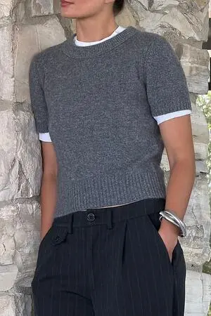 Maeve Mercer Cashmere Stretch Short Sleeve Sweater - Shadow