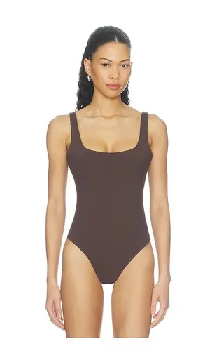 Susana Monaco Essential Low Back Tank Thong Back Bodysuit In Chocolate