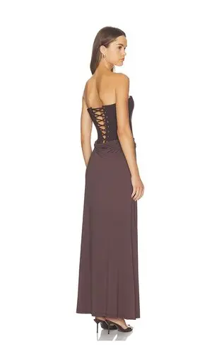 RUNAWAY THE LABEL Taleah Strapless Corset Maxi Dress In Brown