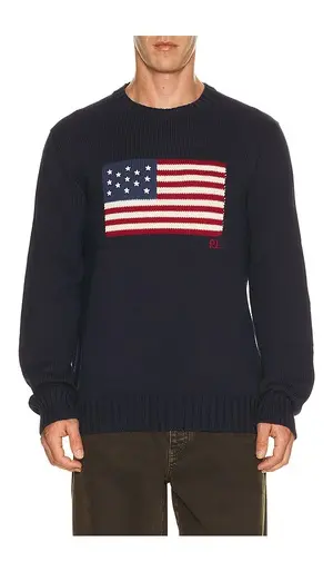Polo Ralph Lauren Roving Cotton Usa Flag Crewneck Sweater In Navy - Hunter Navy