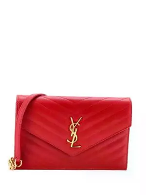 Saint Laurent Classic Monogram Wallet On Chain Matelasse Chevron Metallic Leather Small Crossbody Bag - Red