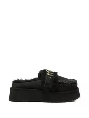 Mou Logo-plaque Crochet-trim Slippers - Black