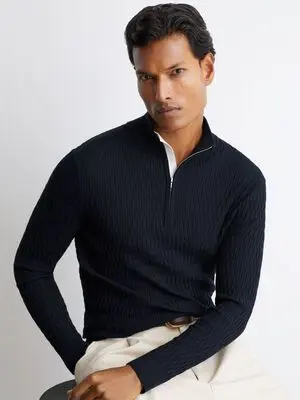 REISS Idol Textured-knit Half-zip Jumper - Navy