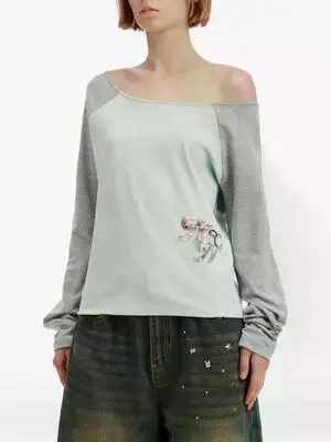 MINI CREAM Raglan-sleeve Off-shoulder T-shirt - Grey